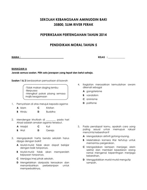 SOALAN UJIAN MAC PENDIDIKAN MORAL TINGKATAN 2 | DOCX