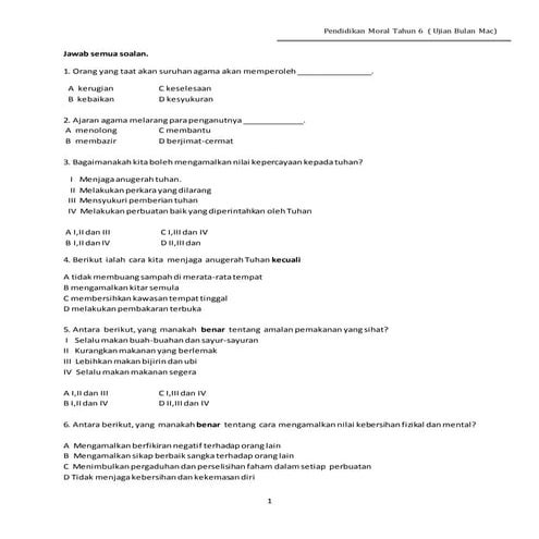 Soalan moral tahun 6 | DOCX
