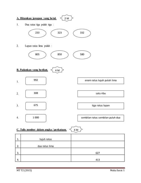 Soalan Peperiksaan Akhir Tahun Matematik Tahun 1 2015 Kertas 2 | DOCX