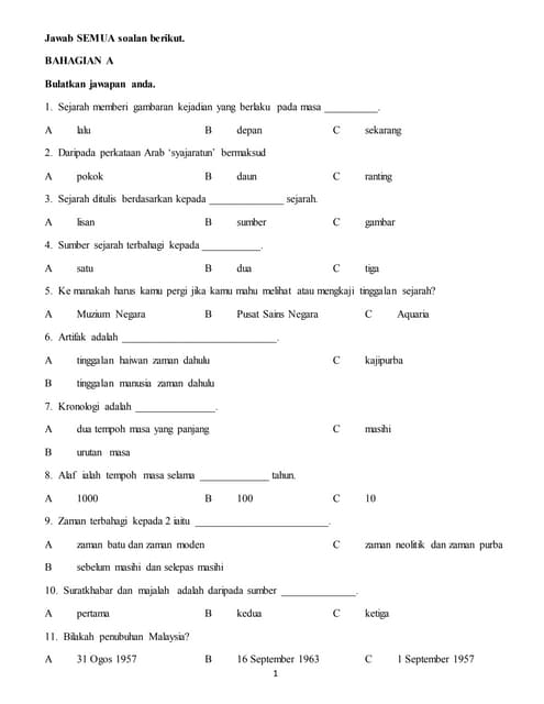 Soalan Sejarah Tahun 4 Ujian Bulanan 1 | DOCX
