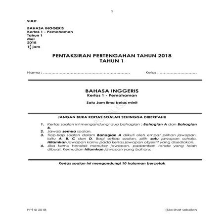 Soalan Ppt 2018 Bi T1 K1 Wm Pdf