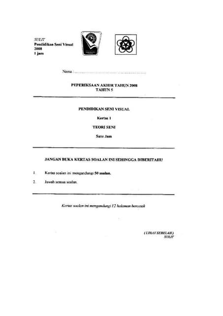 Kertas Soalan Pendidikan Seni Visual Tahun 5 KSSR | DOC