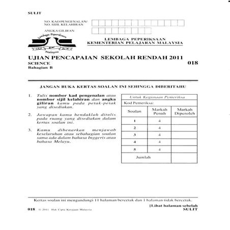 Soalan sains upsr 2011 b | PDF