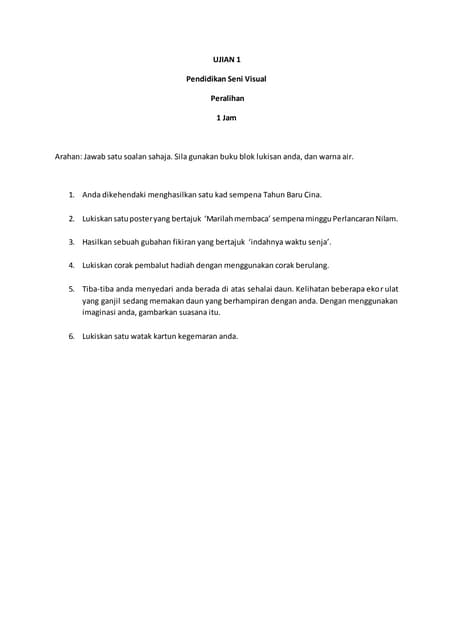 Kertas Soalan Pendidikan Seni Visual Tahun 5 KSSR | DOC