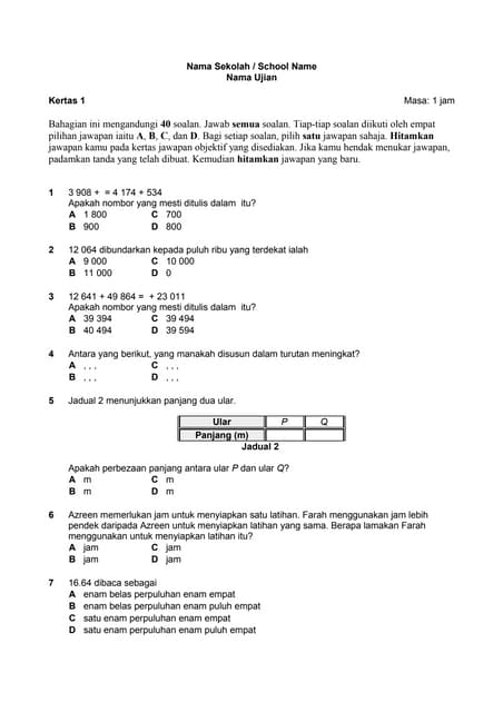 MATEMATIK TAHUN 4 - SOALAN + JAWAPAN | PDF