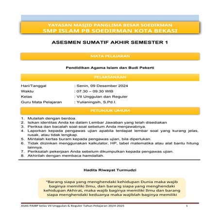 SOAL_ٍASAS_PAI_KELAS 7 SEMESTER 1 TAHUN AJAR 2022 | PDF
