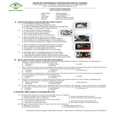 Soal bahasa inggris uts smk baitul hamdi ap3 ganjil 2012 | PDF | Hotel ...