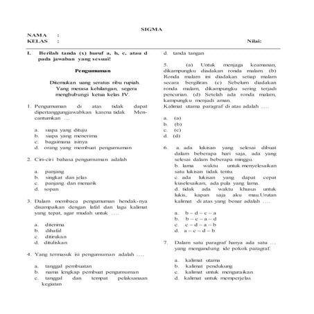 Soal Ujian Bahasa Indonesia Kelas VI | DOCX