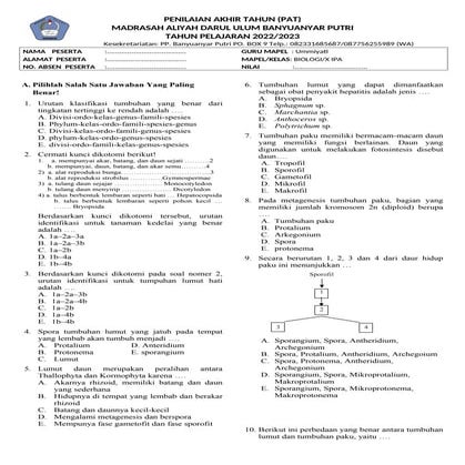 SOAL BIOLOGI SMA Fase E kelas 10 semester 2 | DOC
