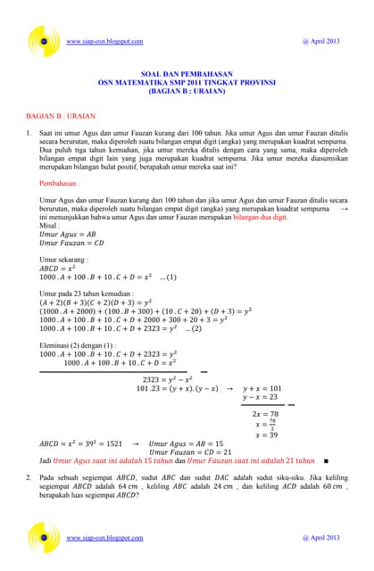 Soal dan pembahasan osn matematika 2013 bagian a isian singkat tingkat provinsi | PDF