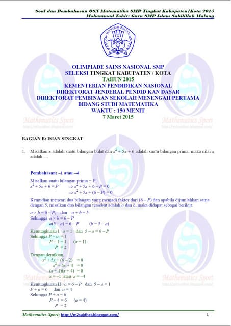 Pembahasan osn matematika 2011 isian singkat tingkat kabupaten | PDF