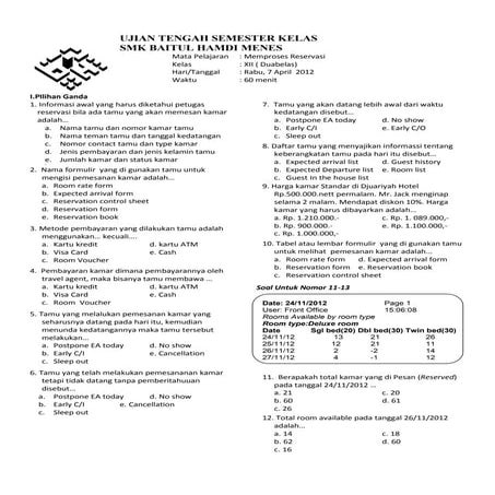 Soal front office menerima reservasi tamu uts smk baitul hamdi ap 3 ...