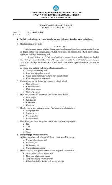 Soal uts bahasa indonesia kelas 3 semester 1 | DOC