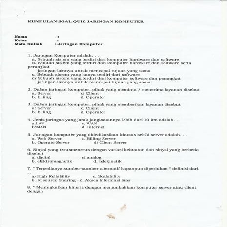 Soal kuis jaringan komputer rev | PDF