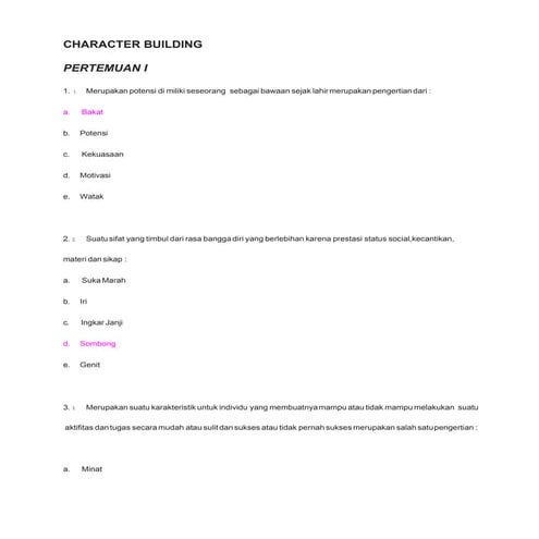 Soal latihan 1 6 character building Semester 2 BSI | PDF