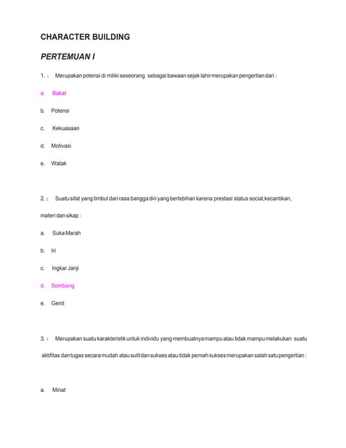 Soal UTS caracter building BSI | PDF