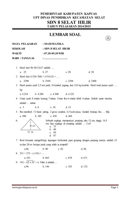 Latihan soal ujian nasional matematika sd | PDF