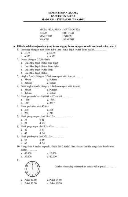 Soal Matematika kelas 3 sd semester 1 | PDF