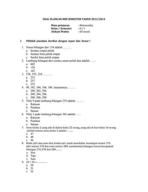 Soal Matematika kelas 3 sd semester 1 | DOCX