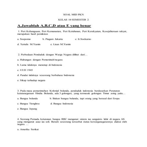 Soal mid pkn kelas x semester 2 baru | PDF