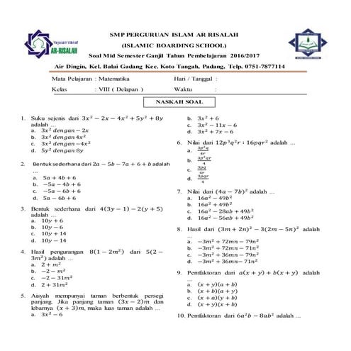 Soal mid semester 1 kelas viii | DOCX