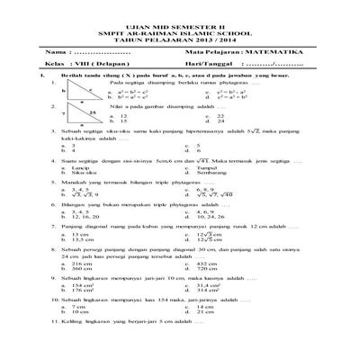 Soal mid semester ii 8 mtk-2013 | PDF