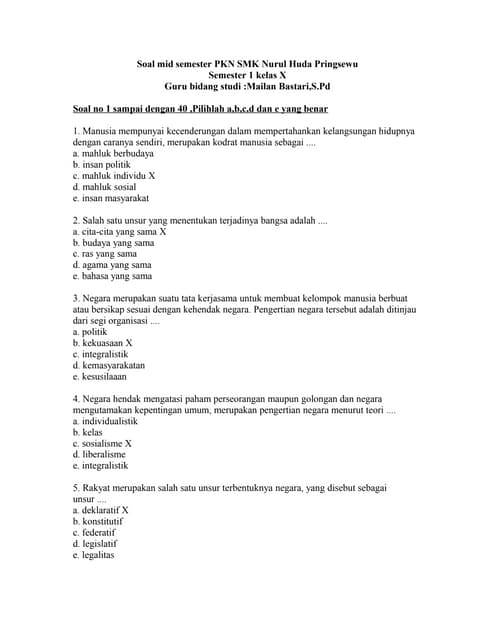 Soal mid semester PKN kelas x | PDF