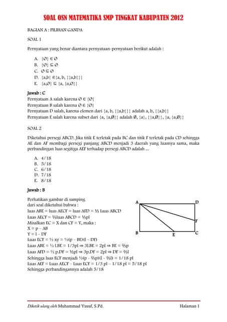 Soal dan pembahasan olimpiade matematika vektor nasional 2013 smp (omvn 2013) babak penyisihan ...
