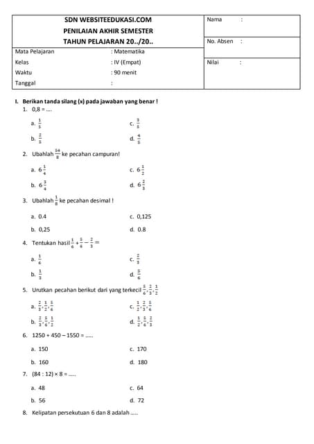 Uts semester 1 matematika kelas 4 tahun pelajaran 2015 2016 | PDF