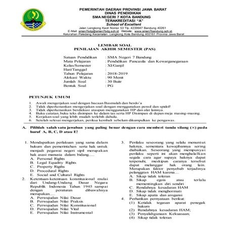 SOAL PAS PPKn KELAS XI SMAN 7 BANDUNG TAHUN 2018-2019 | DOCX