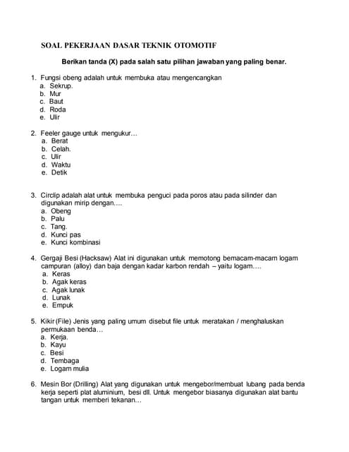 Soal PDO UAS KELAS X TOKR /OTOMOTIF | DOCX