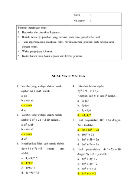 SOAL UAS GANJIL MATEMATIKA SMP KELAS VII 2015/2016 | DOCX