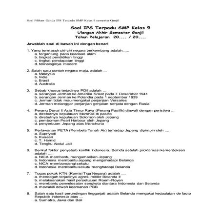 Soal pilihan ganda ips terpadu smp kelas 9 semester ganjil | DOCX