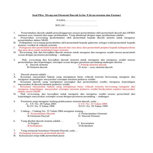 Soal p kn otonomi daerah kelas x | PDF