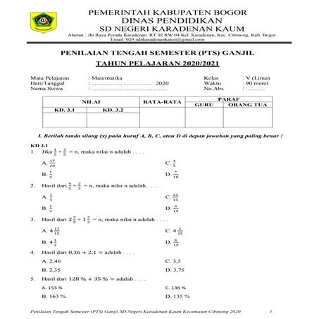 Soal pts mtk kls 5 | PDF
