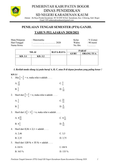 Soal ukk matematika kelas 3 sd | PDF
