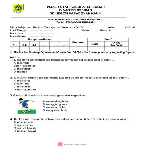 Soal pts pjok kls 5 2020 br (1) (2) | PDF