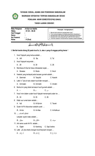 Soal uas pai kelas 2 sd semester 2 dan kunci jawabaan(1) | PDF
