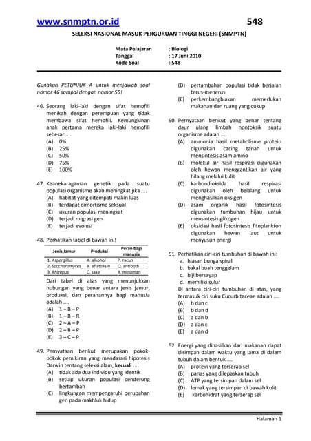 Soal SNMPTN Biologi | PDF