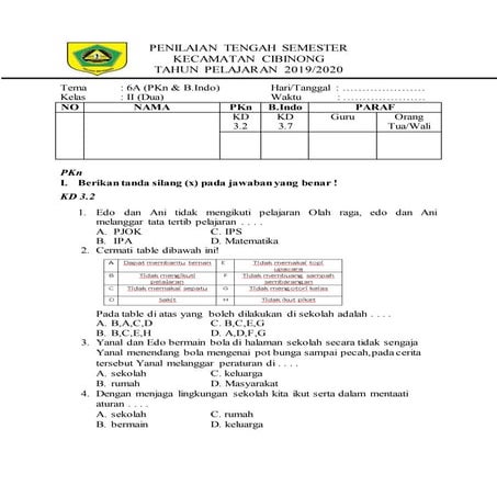 Soal tema 6 a kelas 2 | DOCX