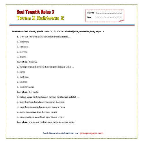 Soal tematik kelas 3 tema 2 subtema 2 | PDF