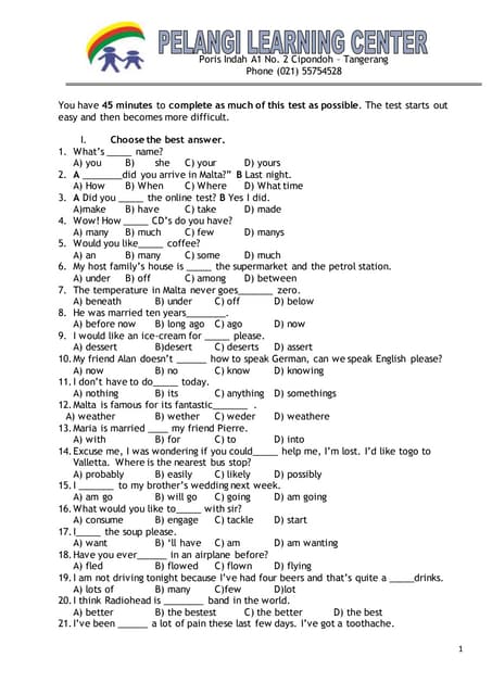 Full Placement Test Placement Test For Entering C Senior ESL