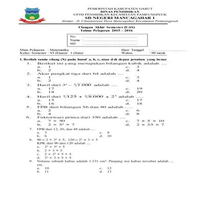 Soal uas 1 matematika kelas vi sd | DOCX