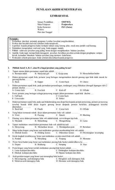 Soal pts pjok kelas 8 | PDF