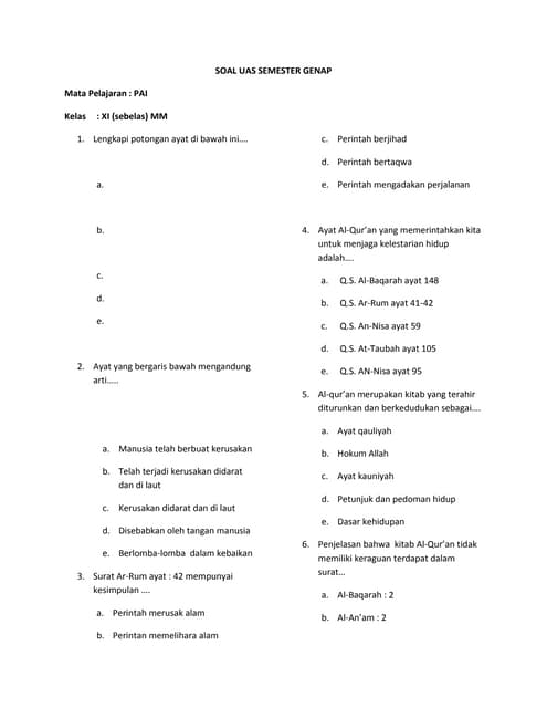 Soal uas pai kelas 2 sd semester 2 dan kunci jawabaan(1) | PDF