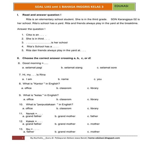 Soal uas smt 1 bahasa inggris kelas 3 | PDF