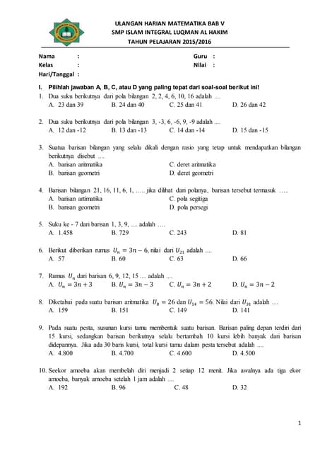 Soal uts genap matematika kelas i semeseter 2 | PDF