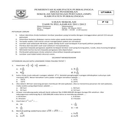 Soal ujian sekolah matematika 2012 | DOCX