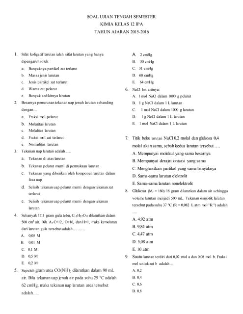 Soal Latihan UTS Kimia Kelas XII bab sifat koligatif larutan | PDF