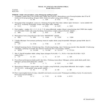 Soal ulangan matematika kls xii peluang | DOCX